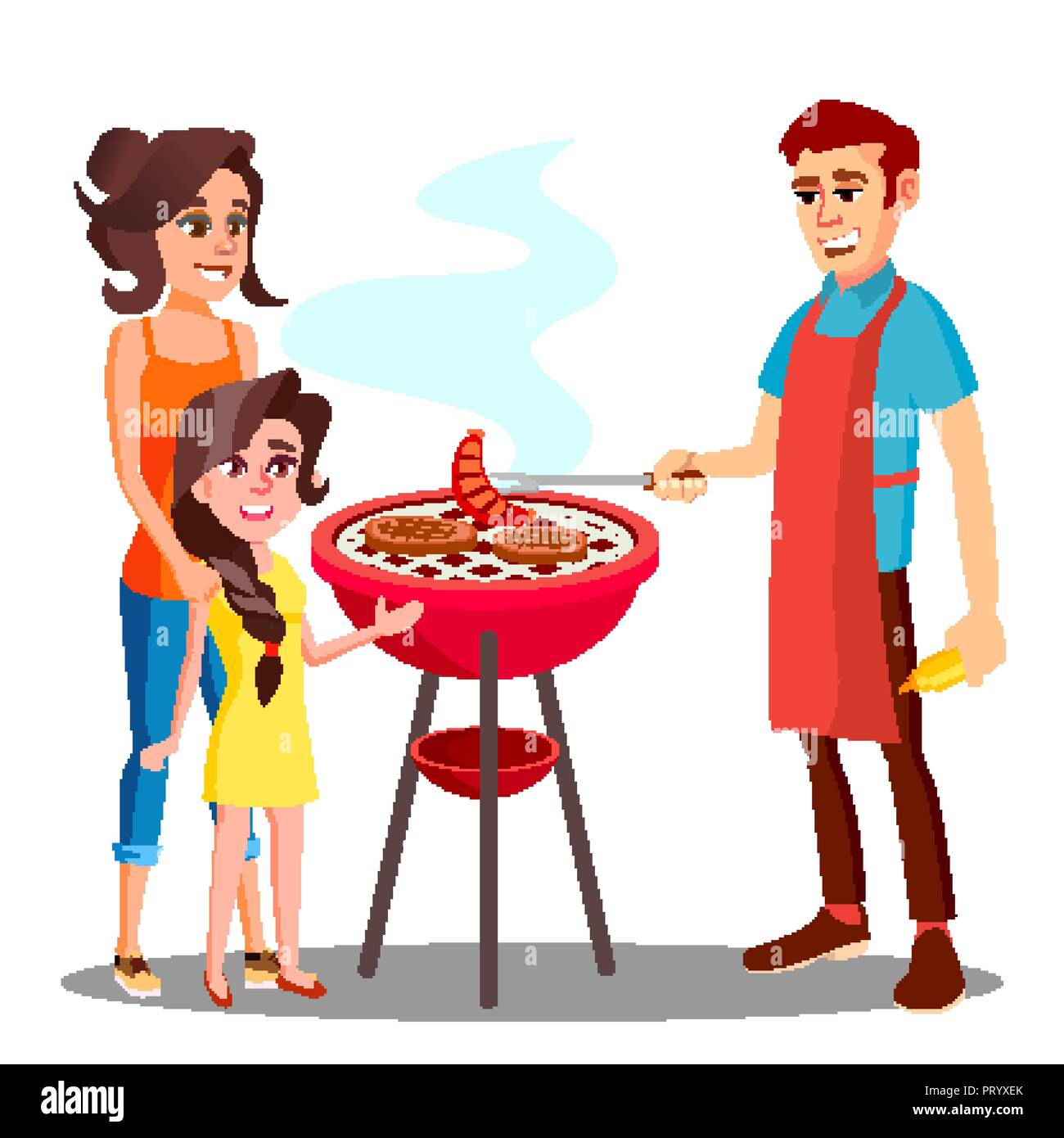 Happy Family Having Barbecue In The Outdoor Vector. Isolated ...