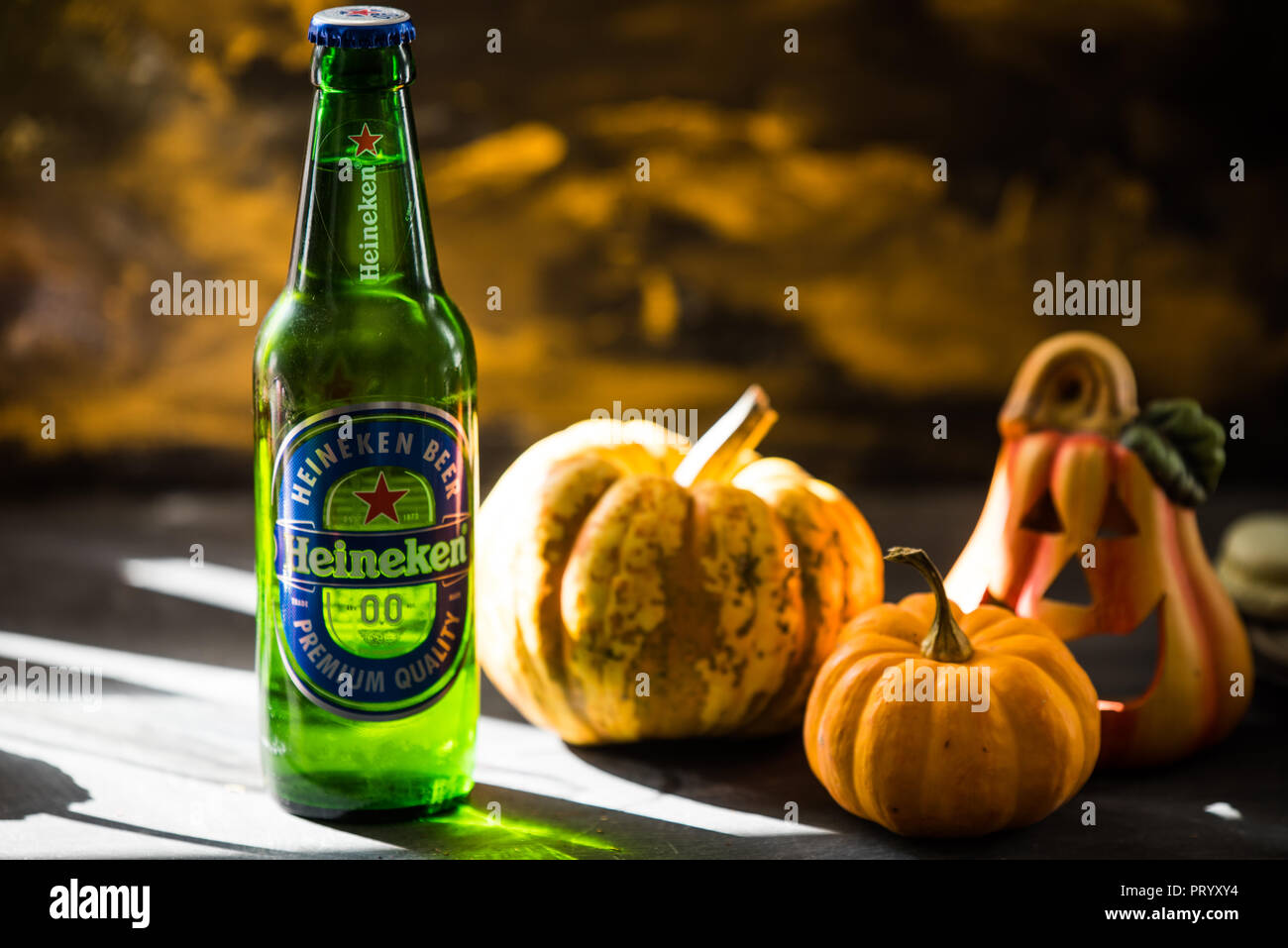 bottle of Heineken beer on rustic autumn background Stock Photo - Alamy