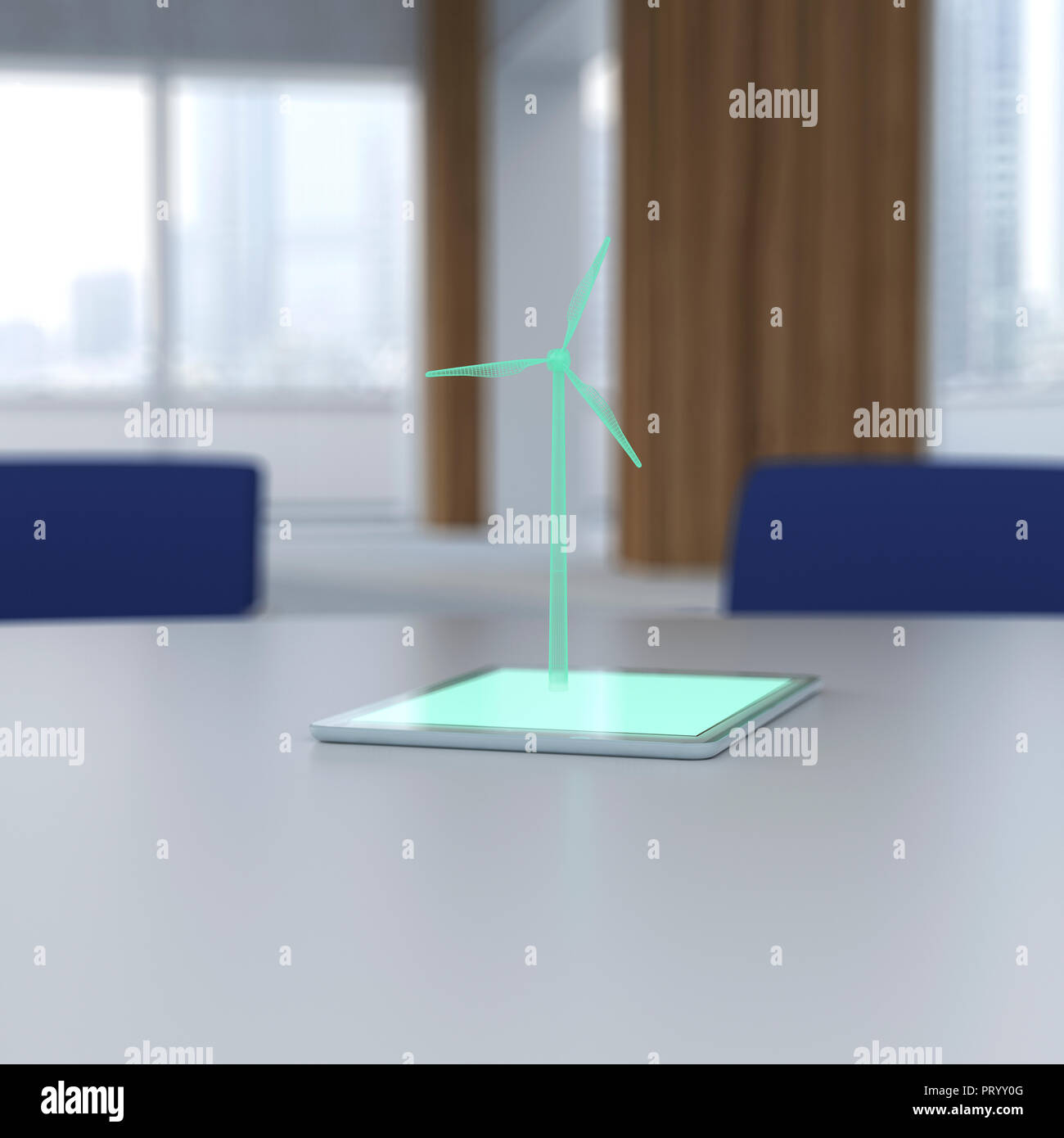 3D rendering, Wind turbine coming out of digital tablet on desk Stock ...