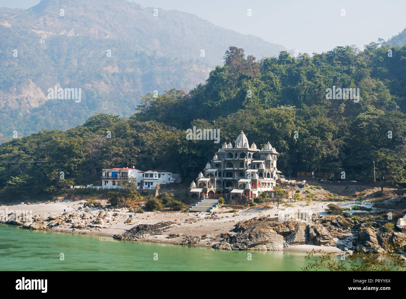 Old Ashram on the Bank of the Ganges river. An ancient temple on a ...
