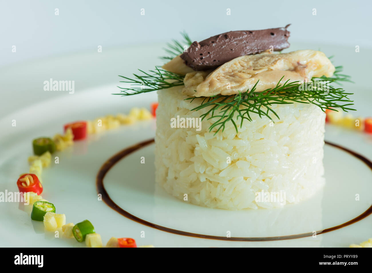 Close-up photo of Thai chicken rice arranged in fusion style Stock ...