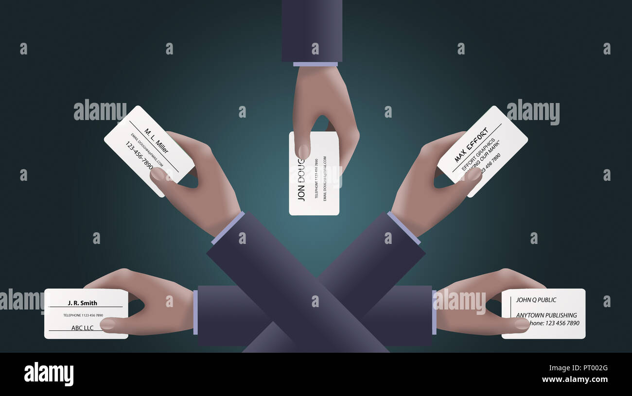 Arms and hands are seen passing out business cards and credit cards and ...