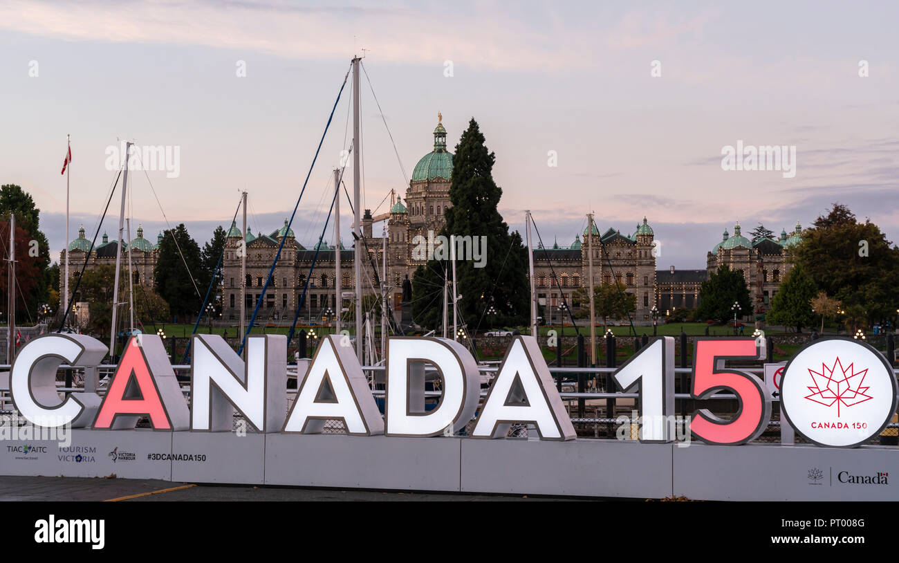 A lighted Canada 150 sign at the harbour in Victoria, British Columbia ...