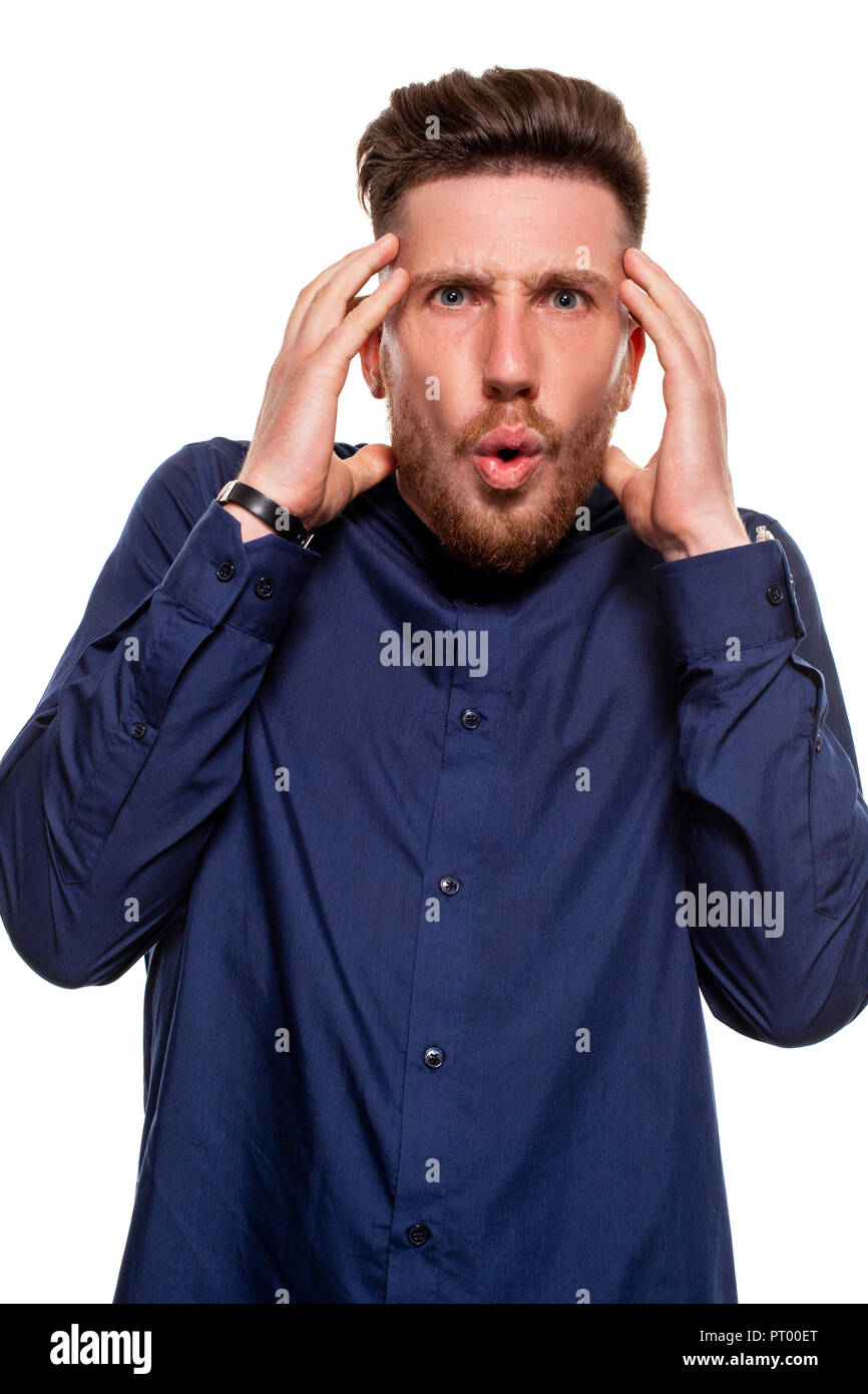 Vertical shot of stupefied stunned shocked young male keeps mouth ...