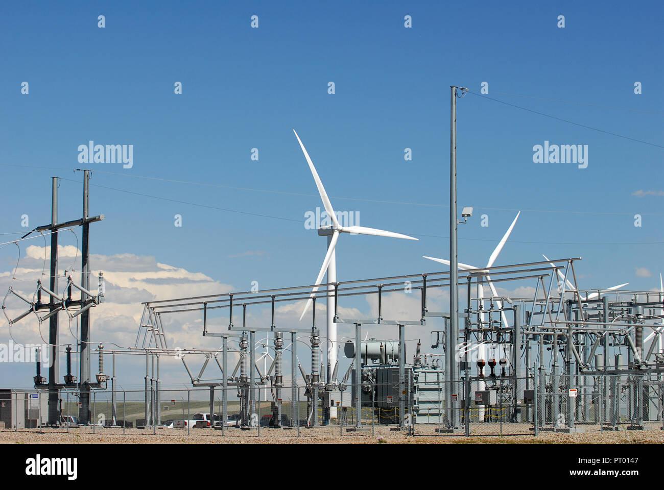 A power substation and wind turbines in Wyoming Stock Photo - Alamy