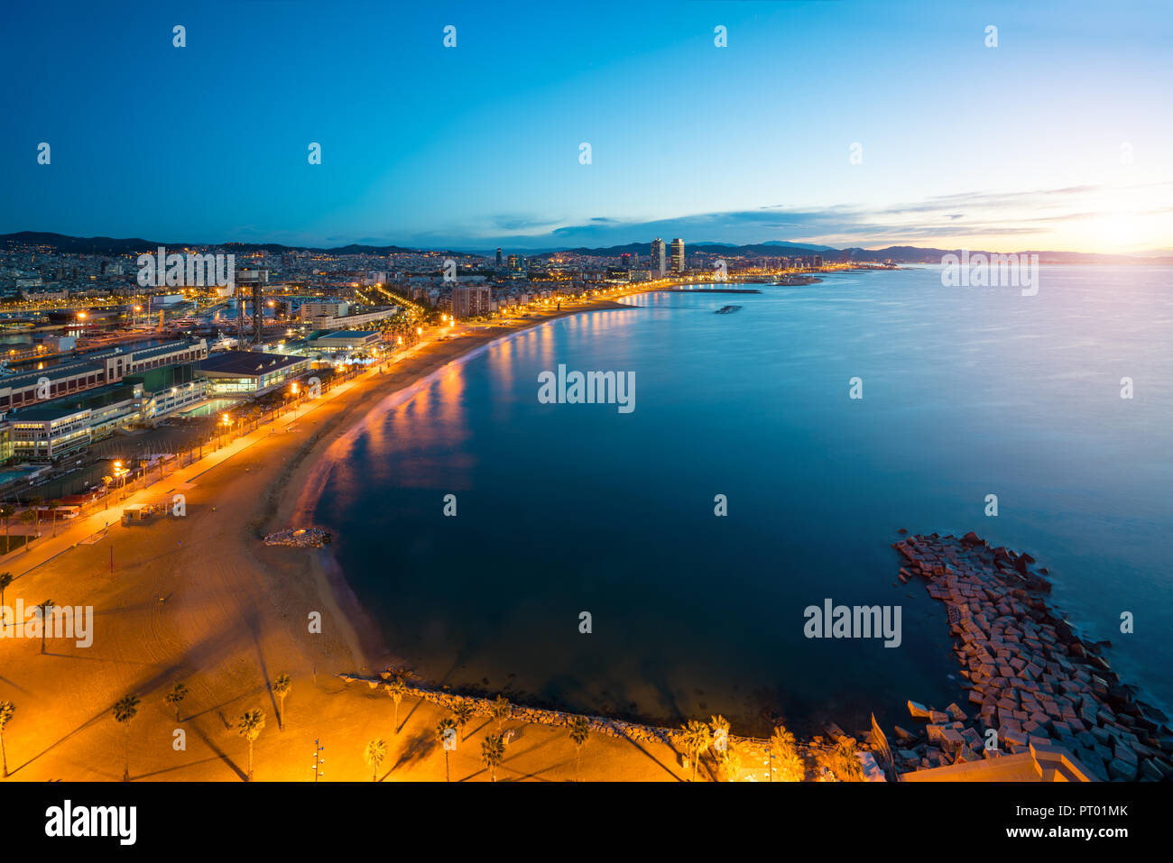 Aerial view of Barcelona Beach in summer night along seaside in ...