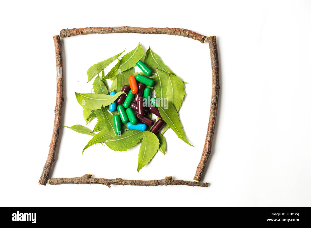 Rectangle shape of neem wood with neem leaves and colorful ayurveda ...