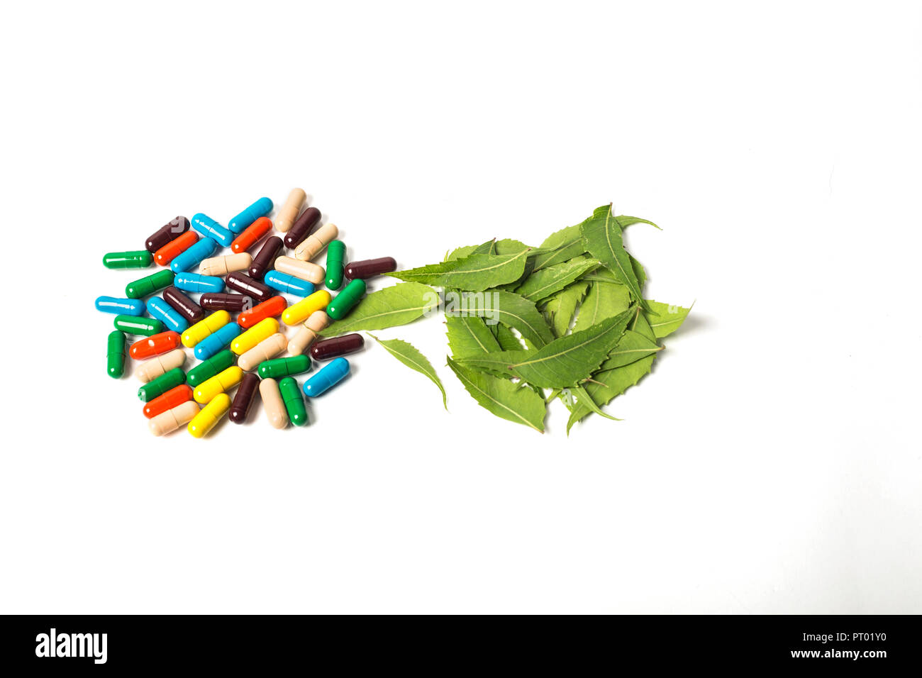 Colorful Ayurveda herbal tablets and neem leaves isolated on white ...
