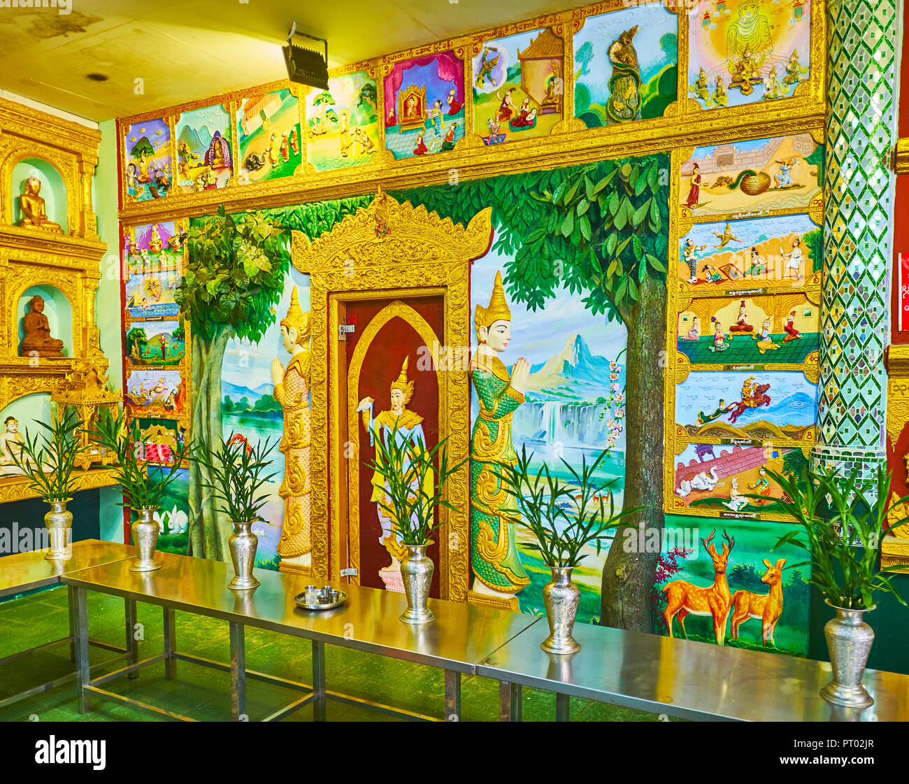 YANGON, MYANMAR - FEBRUARY 27, 2018: The wall decoration in ...