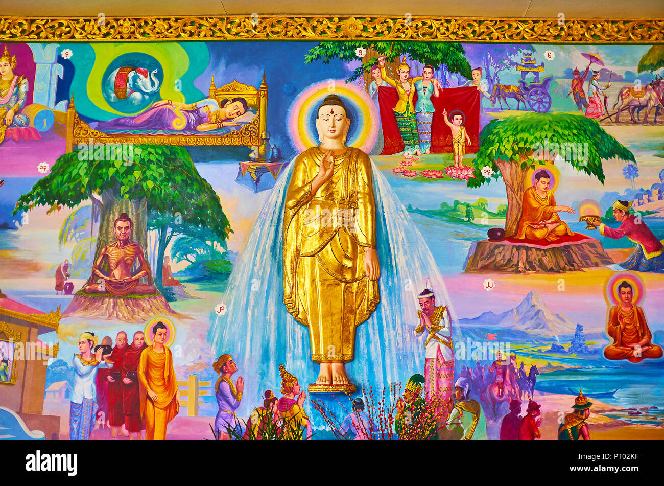 YANGON, MYANMAR - FEBRUARY 27, 2018: The colorful depiction of Buddha's ...