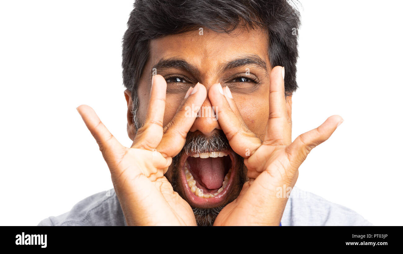 Frontal close-up picture isolated on white background of angry indian ...