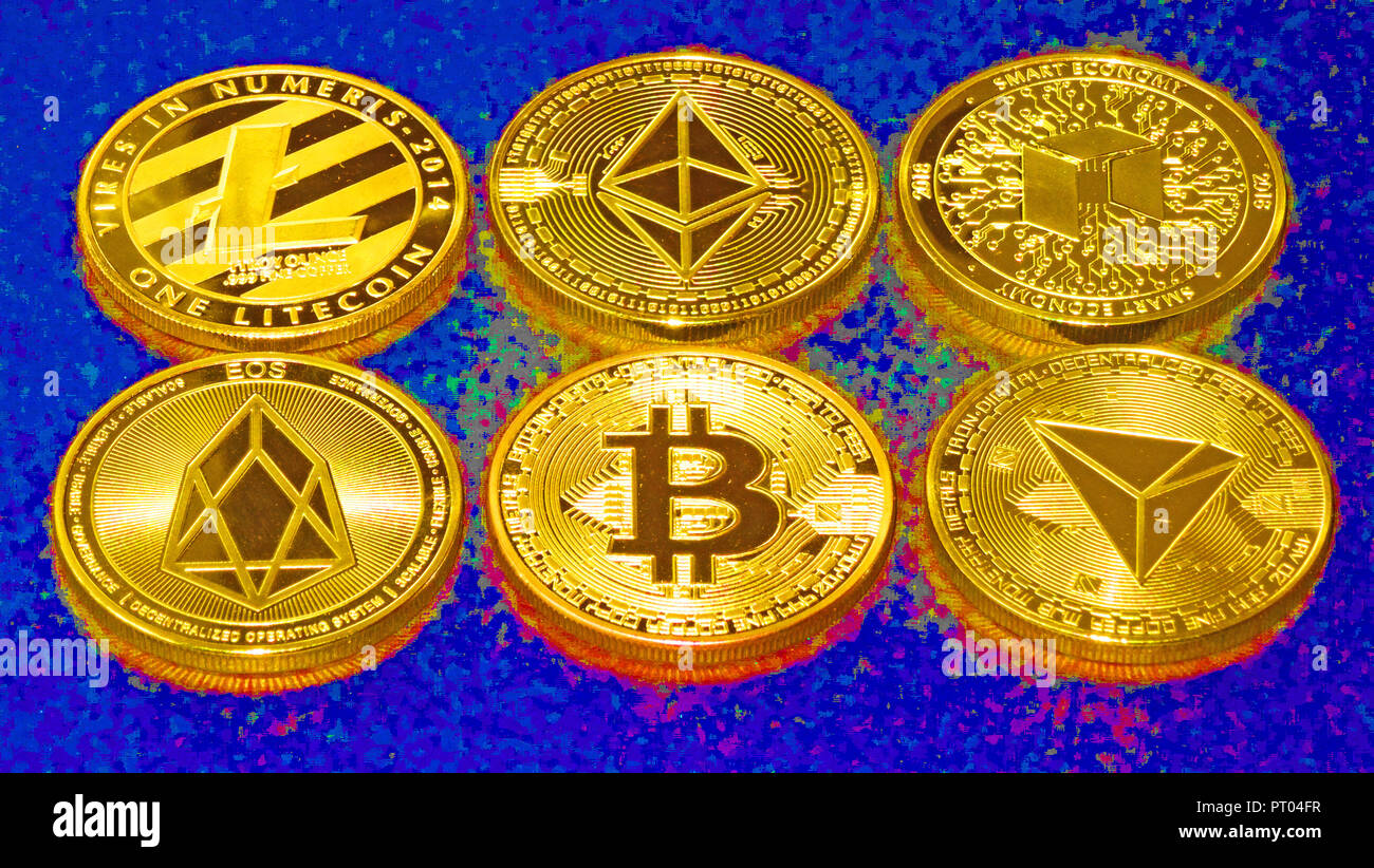 six crypto currency coins, blockchain digital money Stock Photo - Alamy