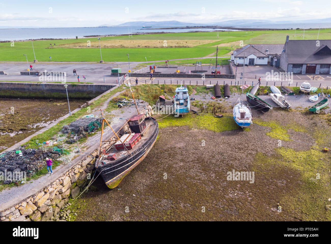 An aerial view of boats next to the River Corrib in the Claddagh area ...