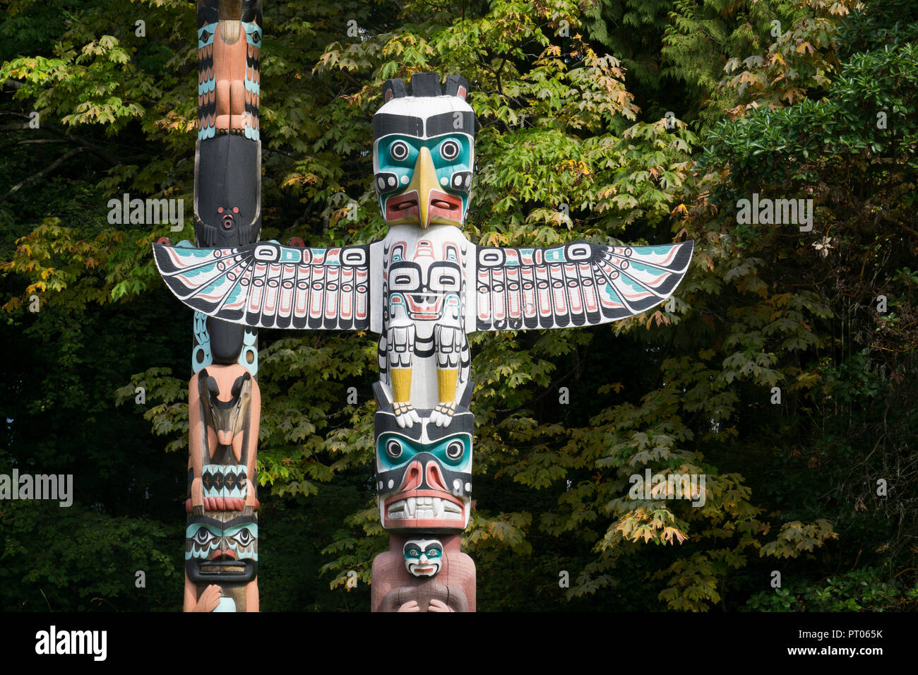 First Nations totem poles in Stanley Park, Vancouver, Canada Stock ...