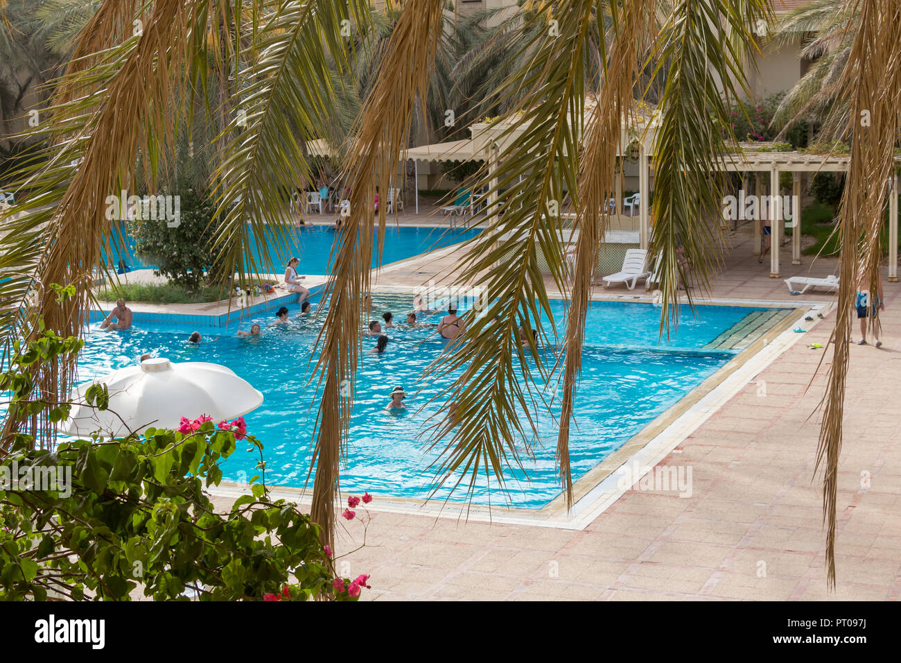 An outdoor swimming pool with clear blue water in the city of Douz ...