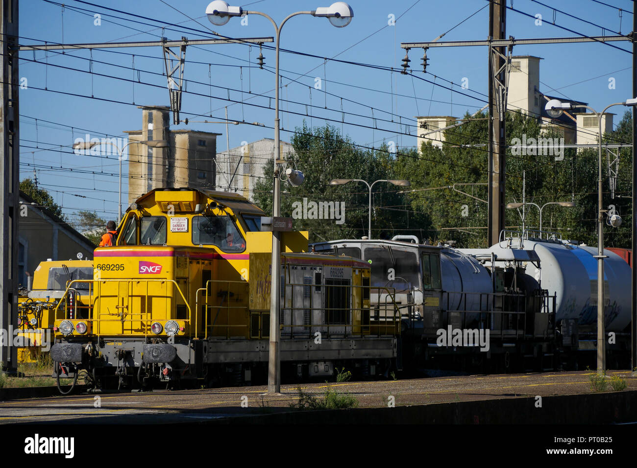Freight Train at Castelnaudary railway station, Aude, France Stock ...