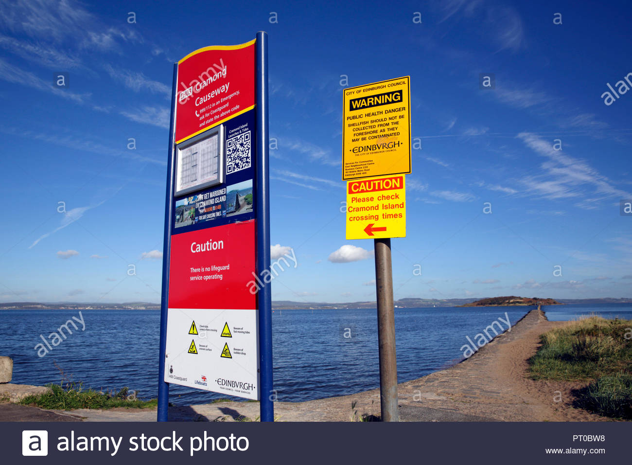 A view along the Cramond Causeway to Cramond Island in the Forth ...