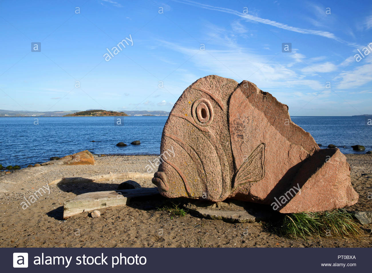 Fish Sculpture on Cramond waterfront, with Cramond Island visible ...