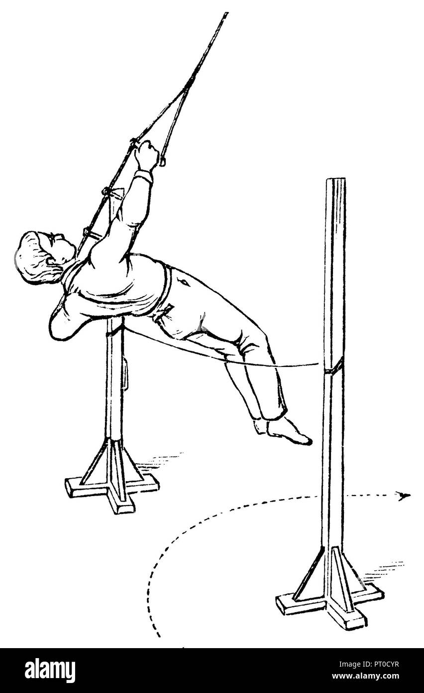 Gymnastics, exercise on climbing rope: running with jump, 1890 Stock ...