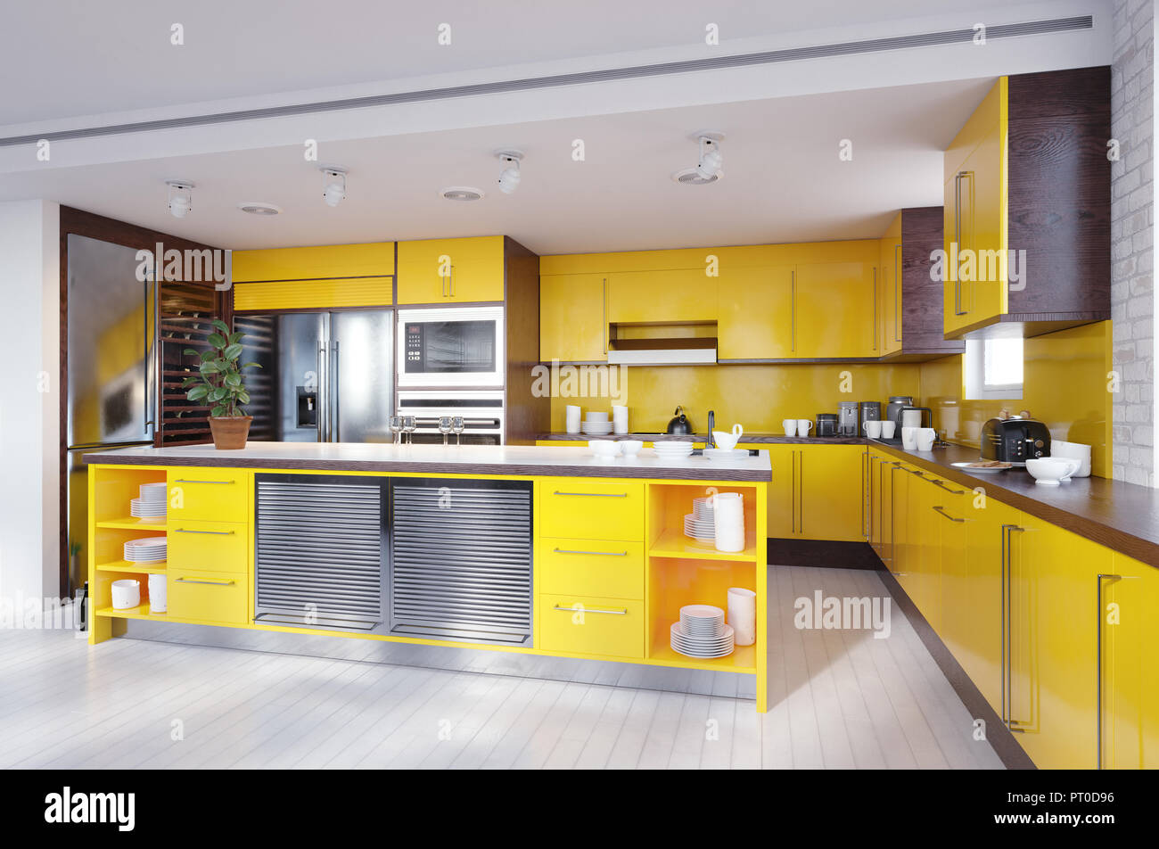 modern yellow color kitchen interior. 3d rendering design concept Stock ...