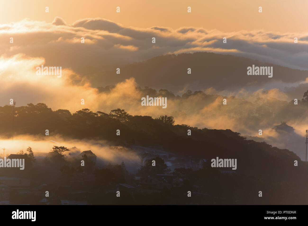 The fog cover Dalat plateau lands, Vietnam, background with magic of ...