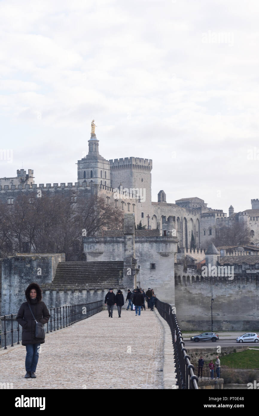winter in Avignon Palace of the Popes and bridge, France Stock Photo ...