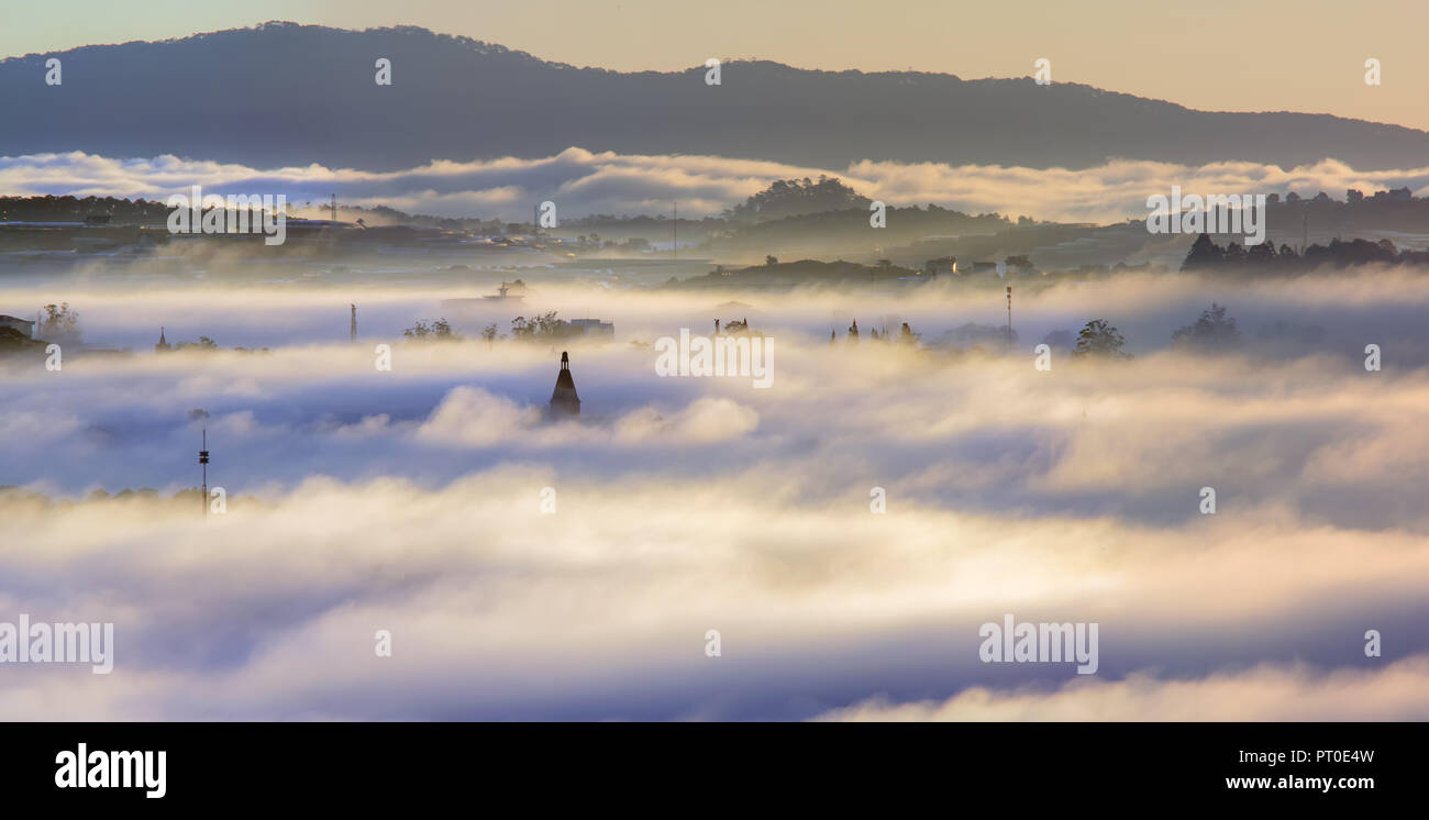The fog cover Dalat plateau lands, Vietnam, background with magic of ...