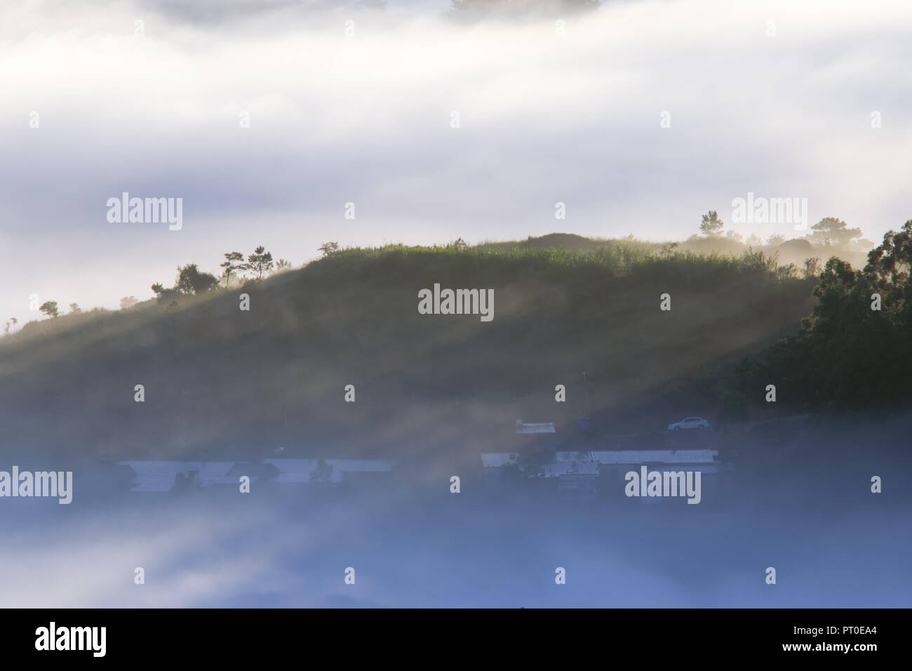 The fog cover Dalat plateau lands, Vietnam, background with magic of ...