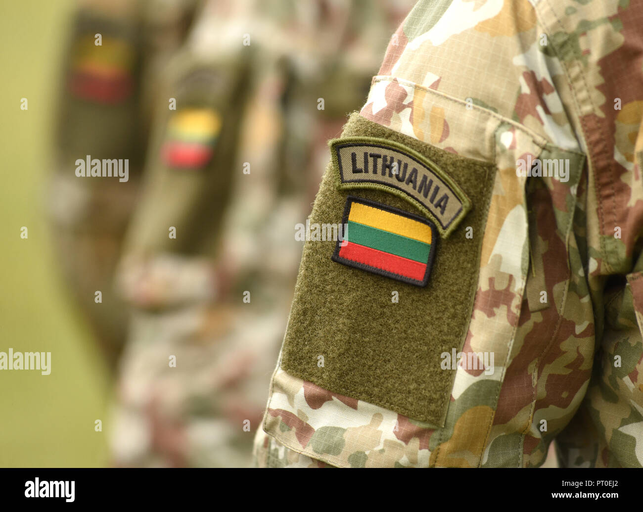 Lithuania patch flag on soldiers arm. Lithuanian military uniform. Lithuania troops Stock Photo ...