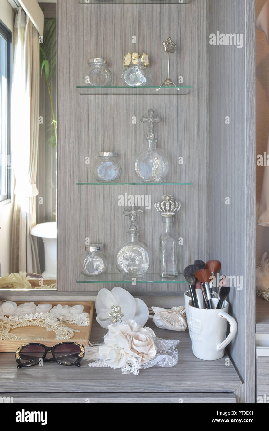 gray dressing table with accessories at home Stock Photo - Alamy