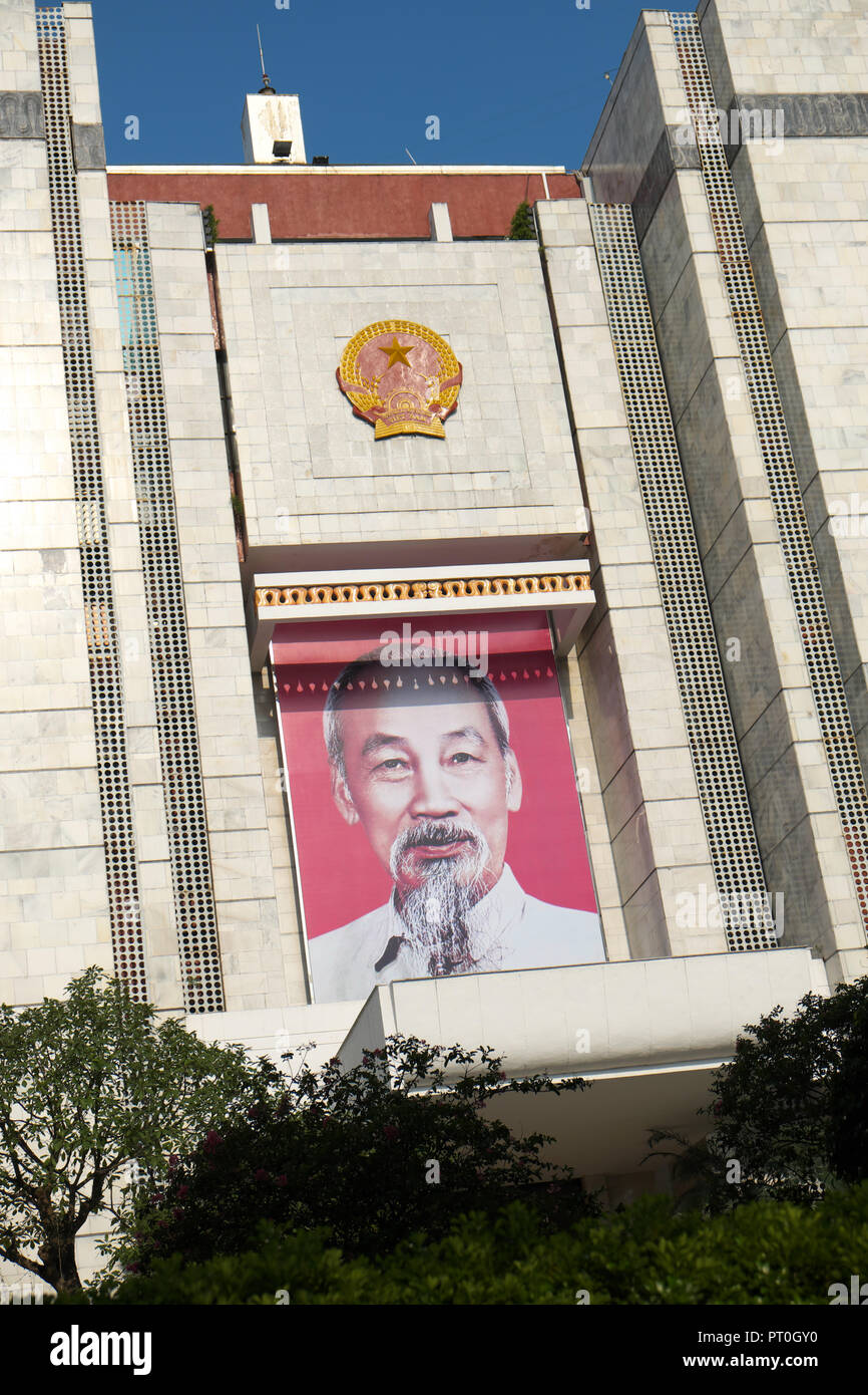 Hanoi Vietnam - portrait of Ho Chi Minh adorns the Hanoi Municipal ...