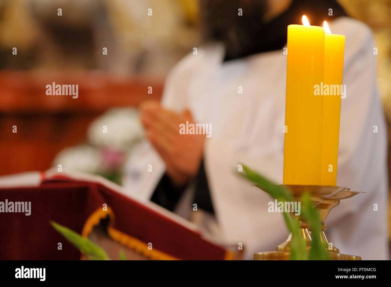 Priest celebrate mass at the church and empty place for text Stock ...