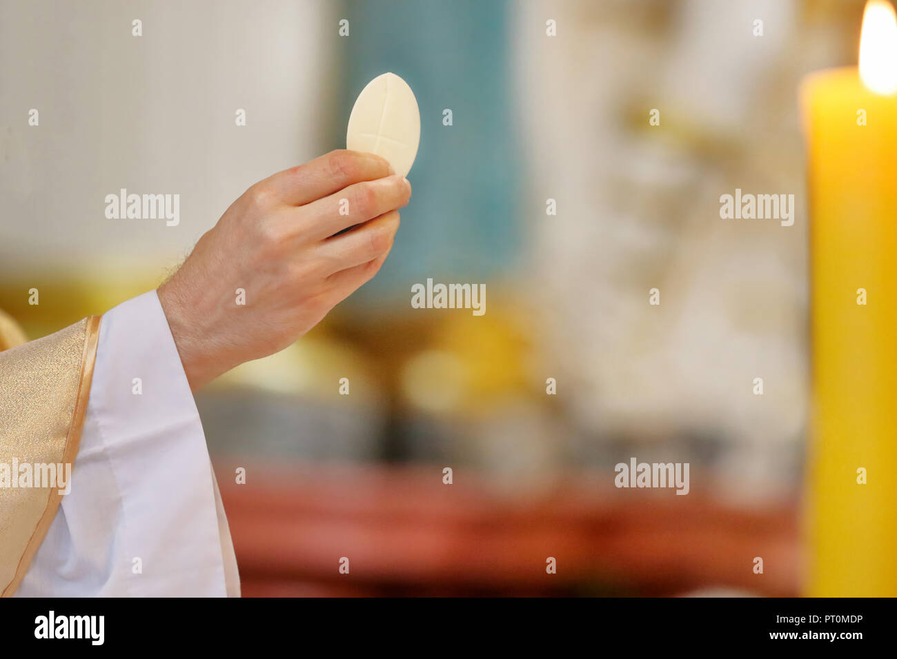 Priest celebrate mass at the church and empty place for text Stock ...