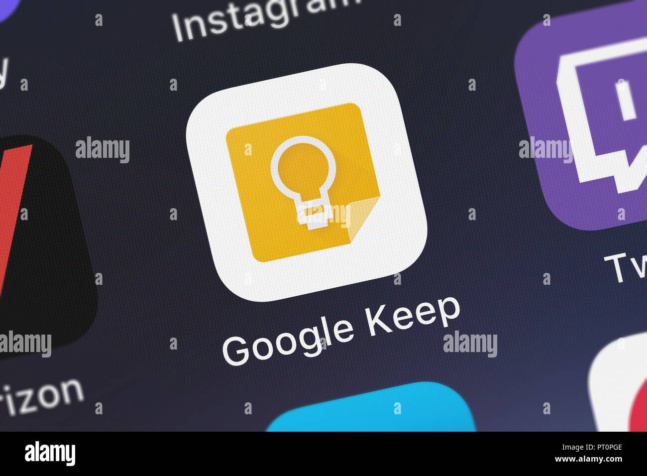 London, United Kingdom - October 05, 2018: Close-up of the Google Keep ...