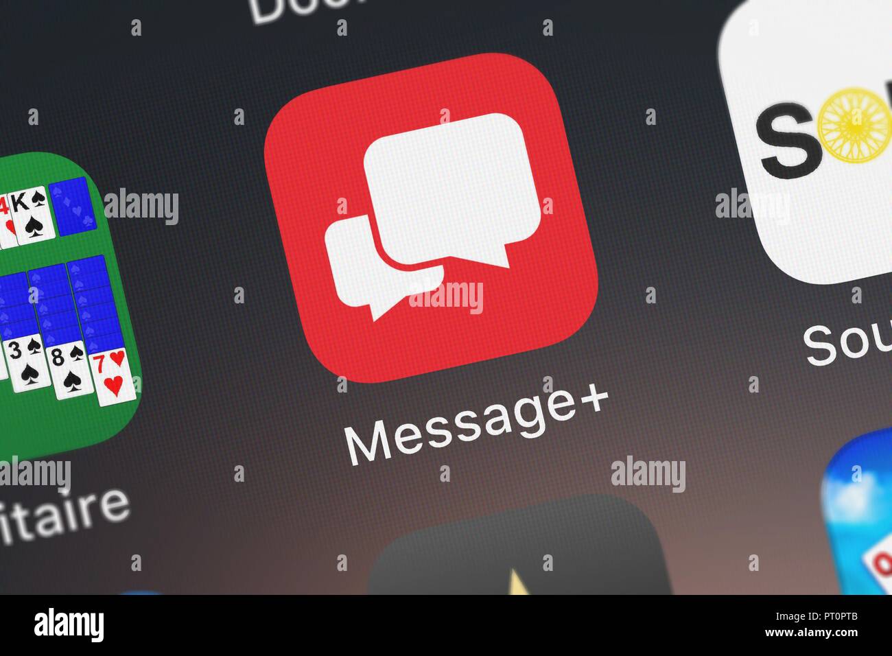 London, United Kingdom - October 05, 2018: Close-up of the Message+ ...