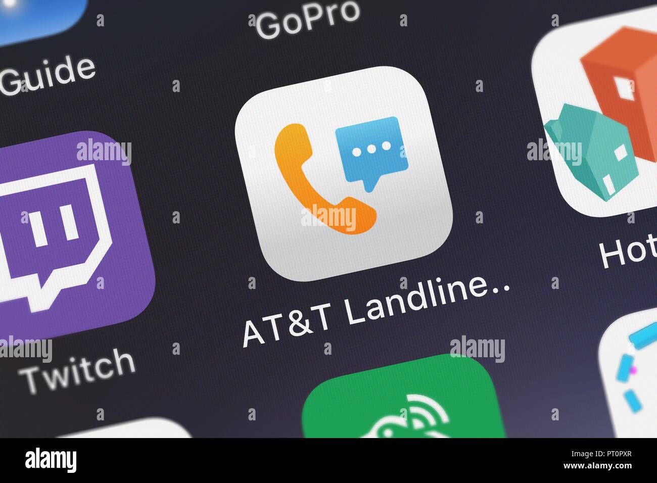 London, United Kingdom - October 05, 2018: Close-up of the ATT Landline ...