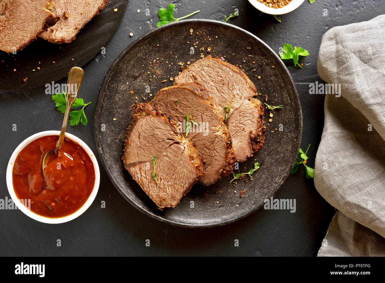 Grilled roast beef on plate. Top view. Dish for dinner Stock Photo - Alamy