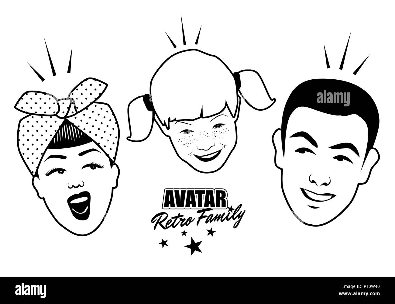 Avatar Retro Family. Cartoon faces retro style. Vector illustration ...