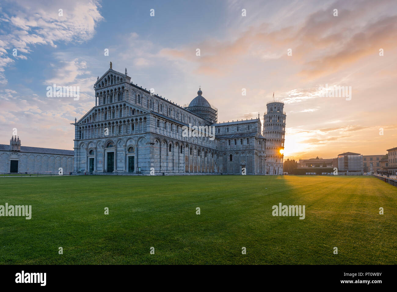 Italy, Tuscany, Pisa, View to Pisa Cathedral and Leaning Tower of Pisa ...