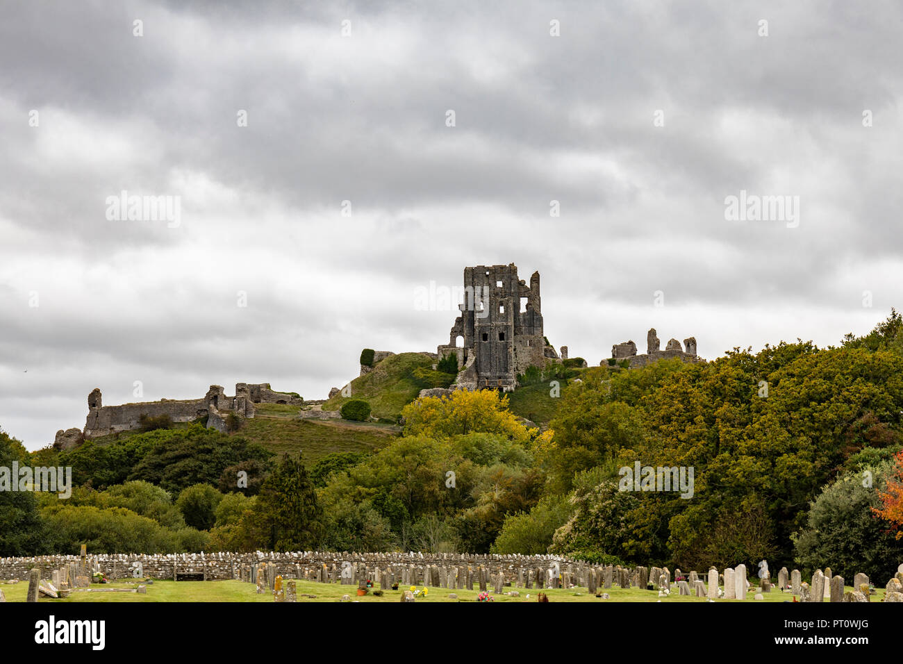 A view of Corfe Castle from the graveyard in the village, Corfe Castle ...