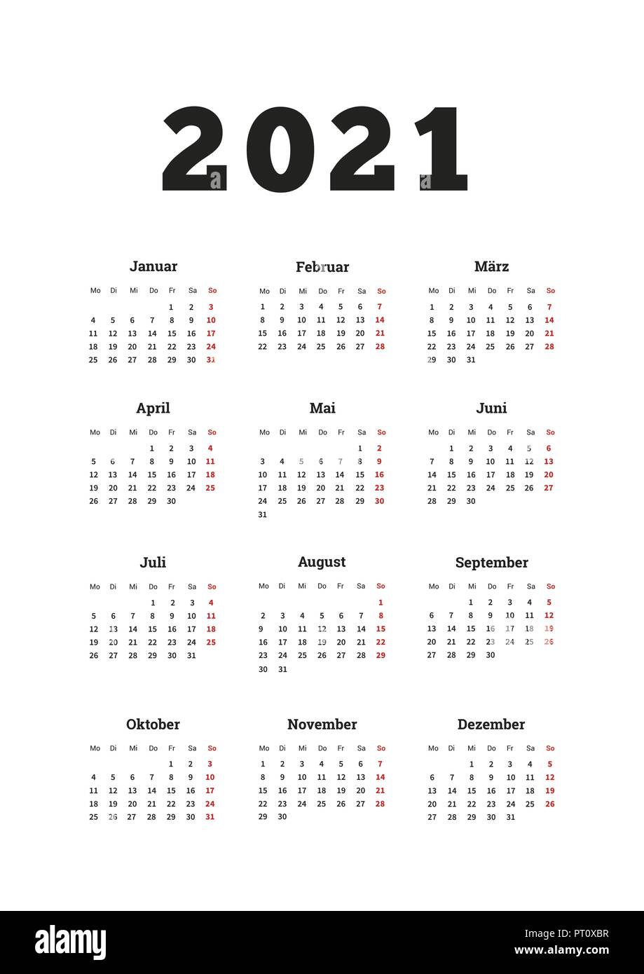 2021 year simple calendar on german language, A4 size vertical sheet on ... 2021 year simple calendar on german language, A4 size vertical sheet on ...