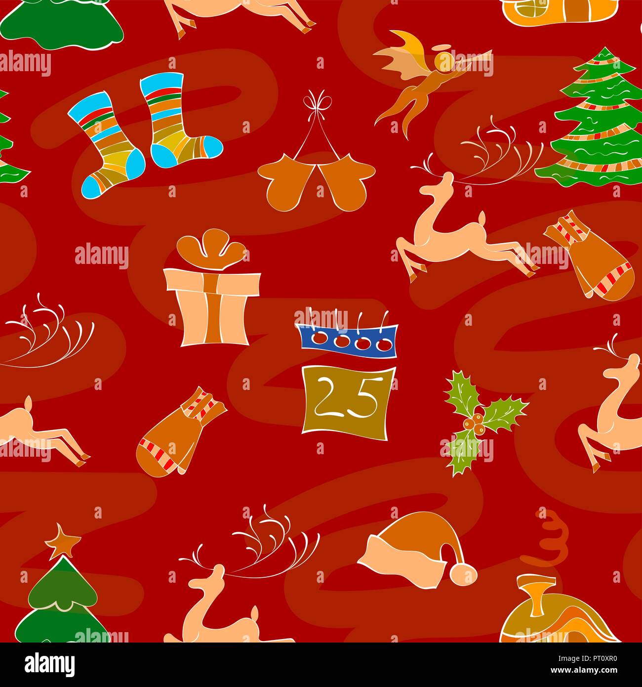 Christmas pattern on a red background. House, deer, Christmas tree ...
