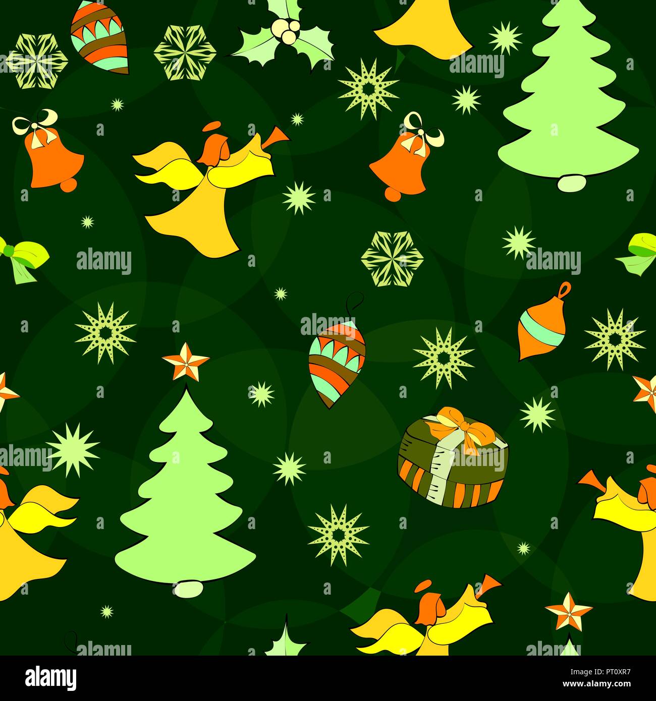 Christmas pattern with snowflakes and an angel on a dark green ...
