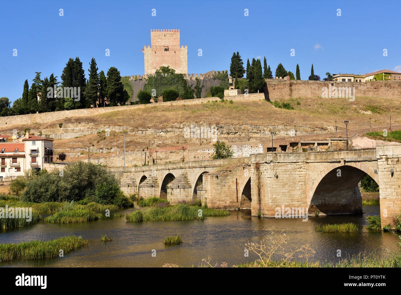 view of bridge and the Castle of Henry II of Castile (14th century) and ...