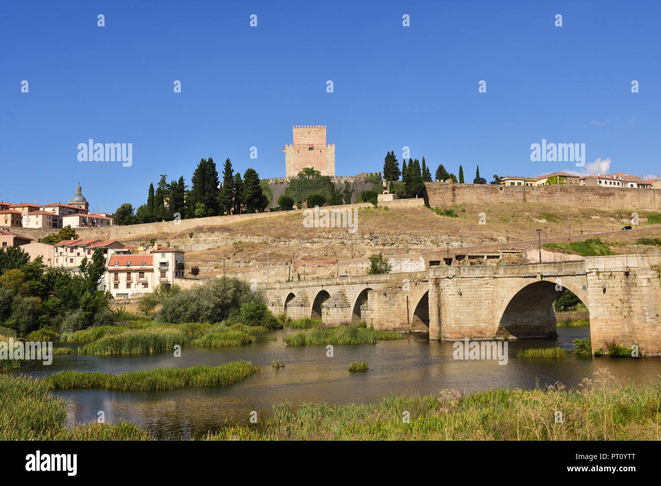 view of bridge and the Castle of Henry II of Castile (14th century) and ...