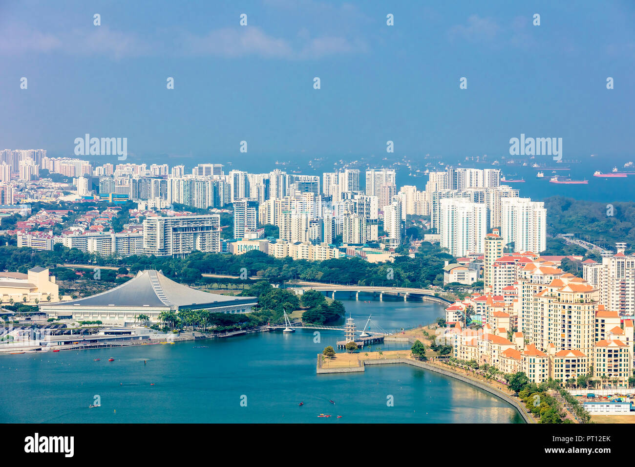 Aerial view of Singapore high density architecture at National Stadium ...