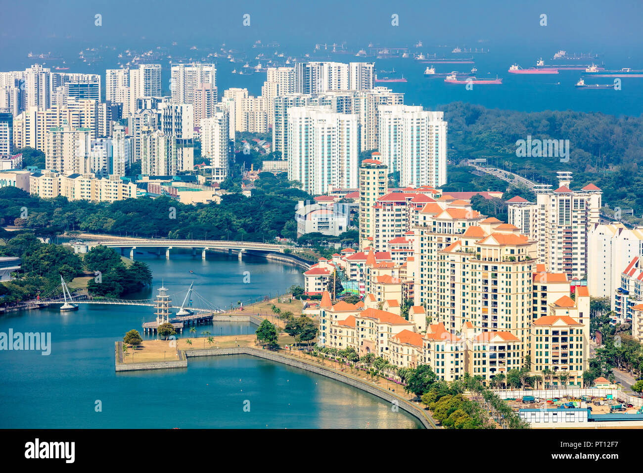 Aerial view of Singapore high density architecture at National Stadium ...