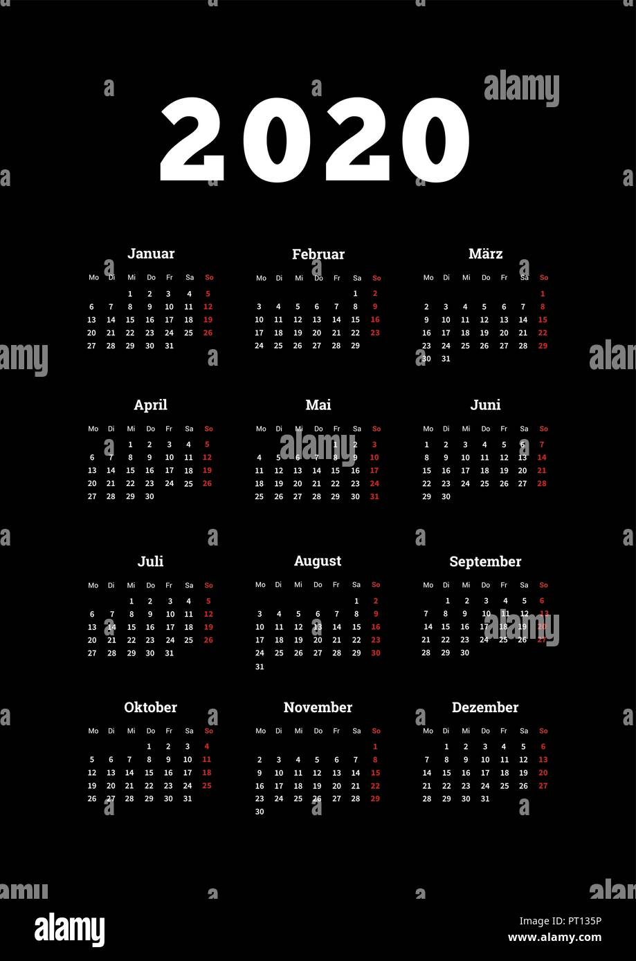 2020 year simple calendar on german language, A4 size vertical sheet on ...
