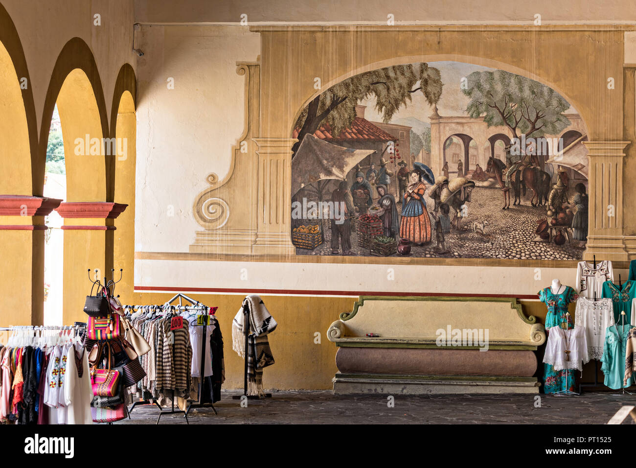 Painted mural and stone bench in the beautiful colonial village of ...