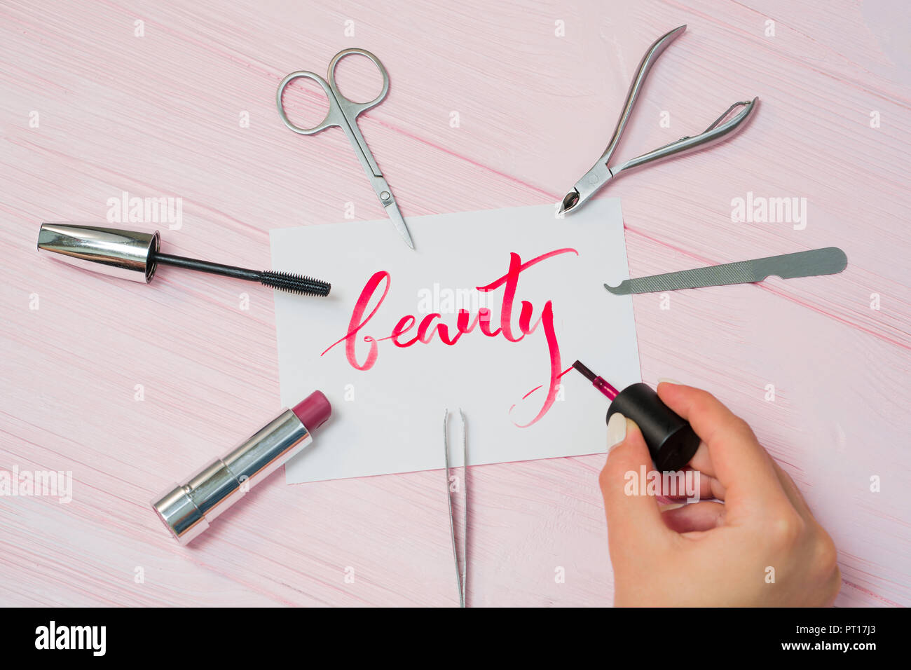 Beauty text. Font of lettering word on white paper with red ink by ...